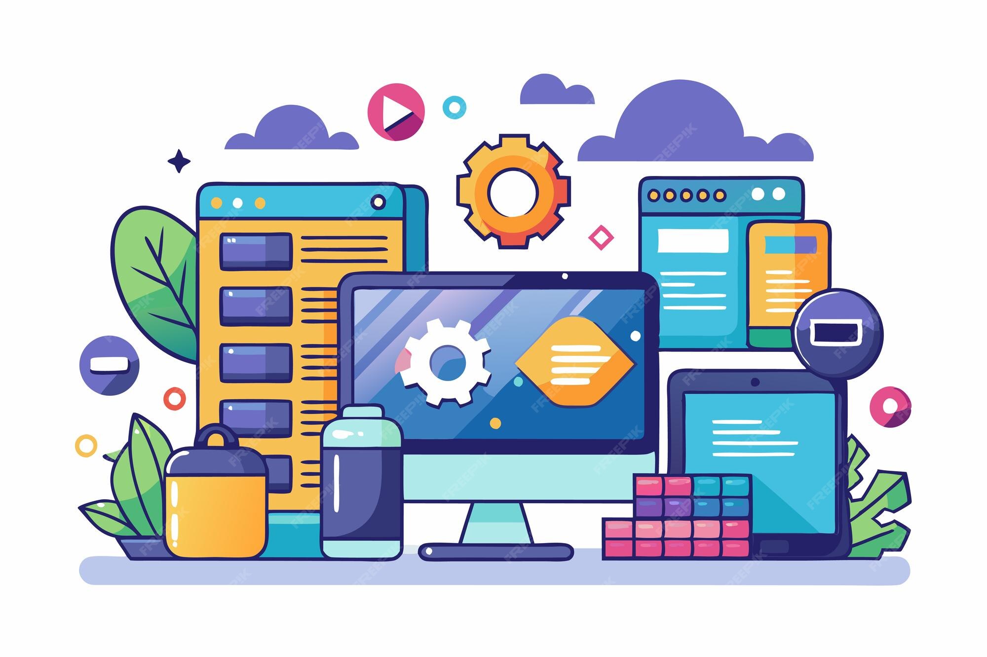 A vibrant layout showcases various digital devices with programming tools settings and icons ...