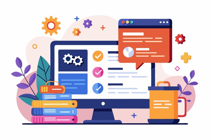 A vibrant workspace displays a computer with code snippets plants books and a coffee mug ...