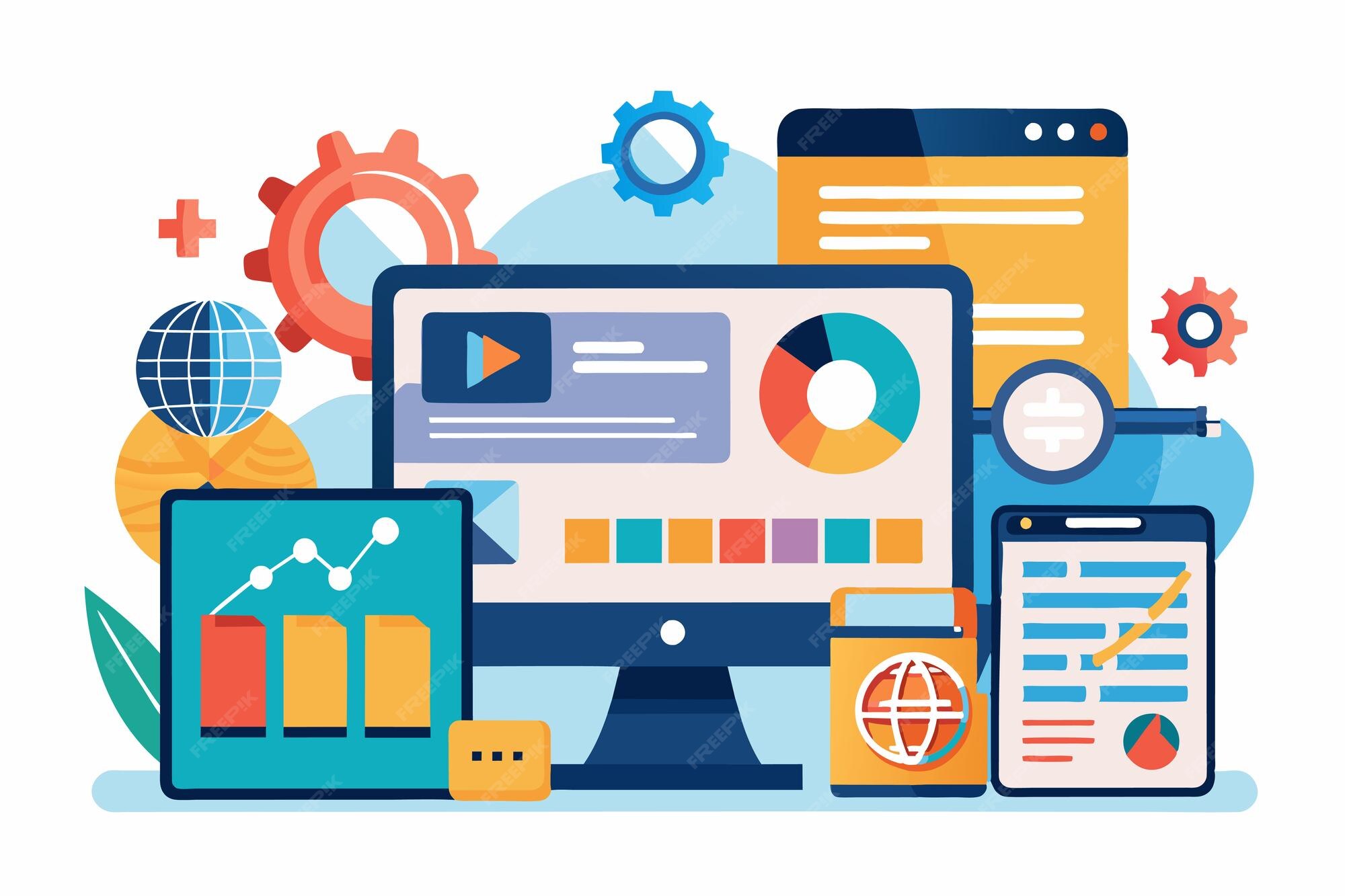 A vibrant workspace with a computer displaying data analysis tools charts and diverse digital ...