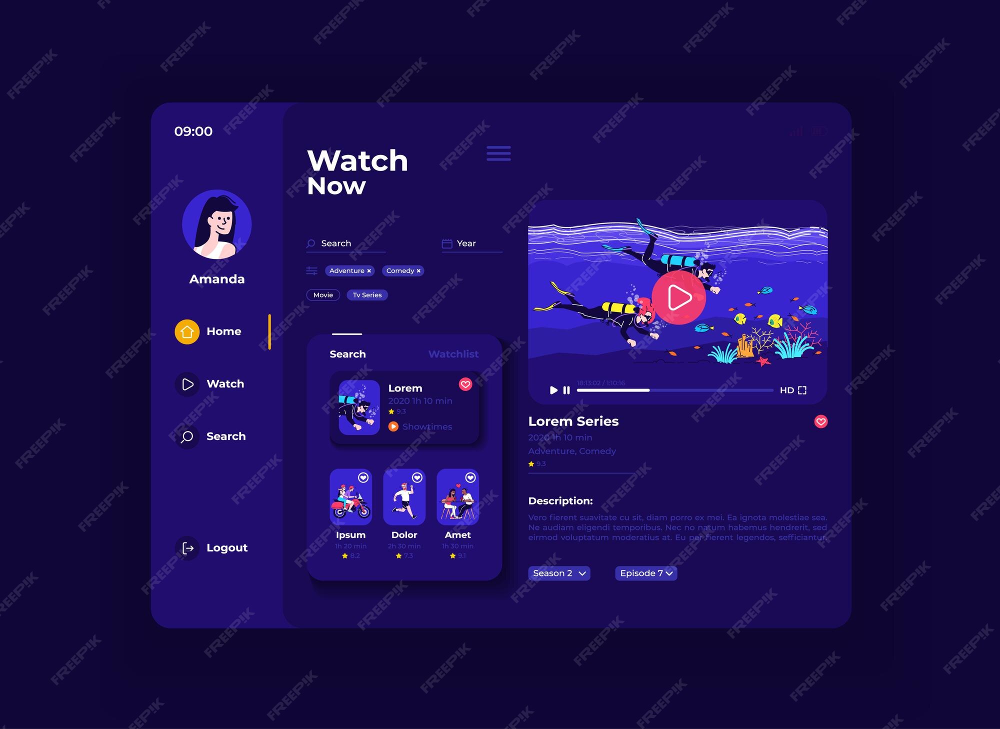 Premium Vector Video Blogging Service Tablet Interface Vector Template Mobile App Page Night