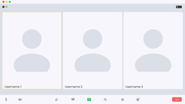 화상 통화 인터페이스 화면 벡터 템플릿 웹 채팅 Ui 버튼 및 사용자 아이콘이 있는 온라인 회의 또는 웹 세미나의 화상 통화 창