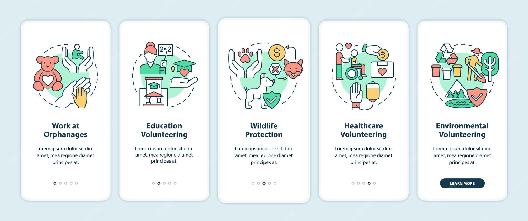 Premium Vector | Volunteering types onboarding mobile app page screen Premium Vector | Volunteering types onboarding mobile app page screen