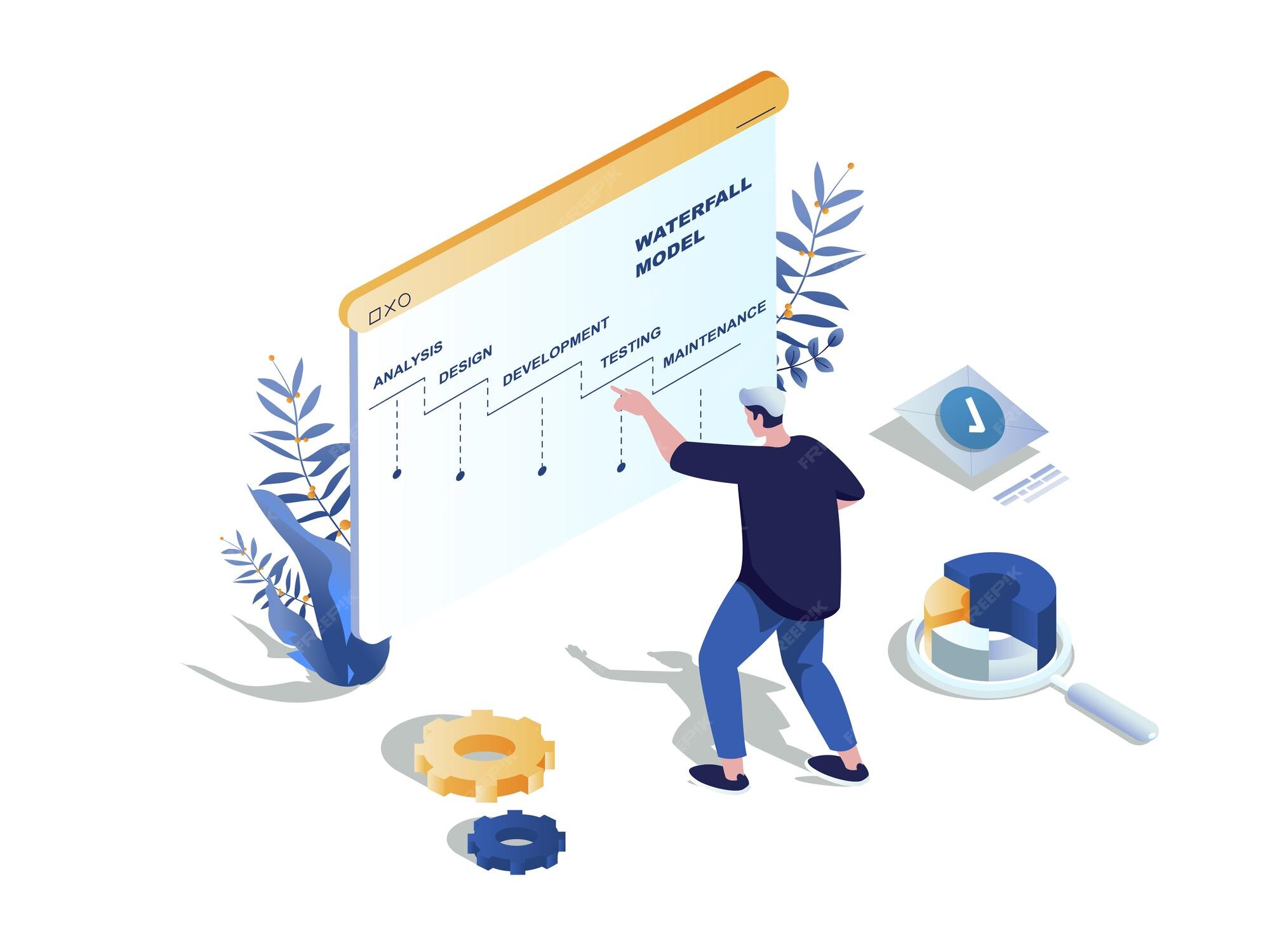 폭포 개발 개념 3d 아이소메트릭 웹 장면 It 회사에서 소프트웨어를 만들고 단계 및 워크플로가 포함된 데이터 시각화 계획을 사용하는 사람들 아이소메트릭 그래픽 디자인의