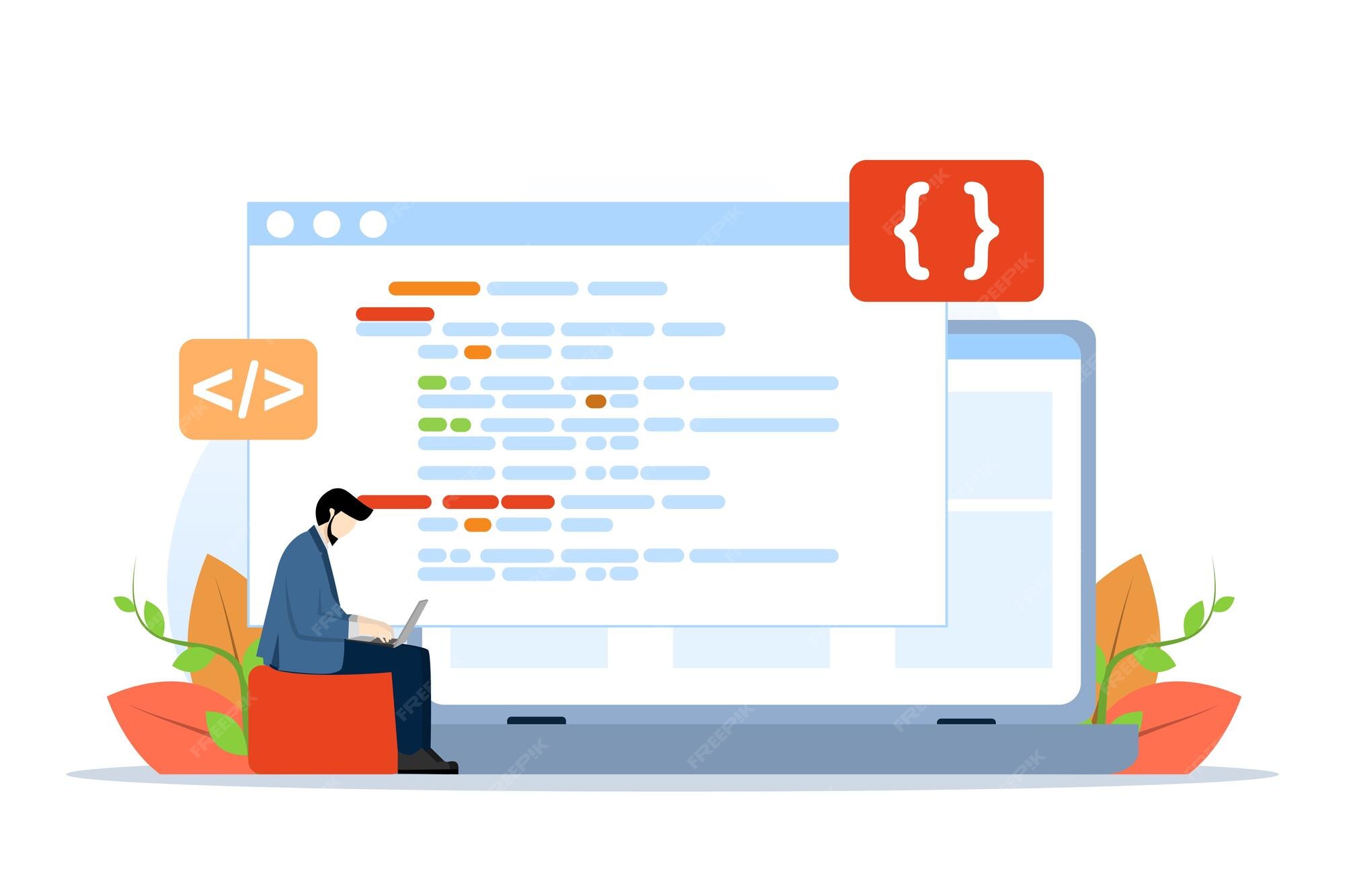 Premium Vector | Web design concept and work mobile app programming and remote work coding