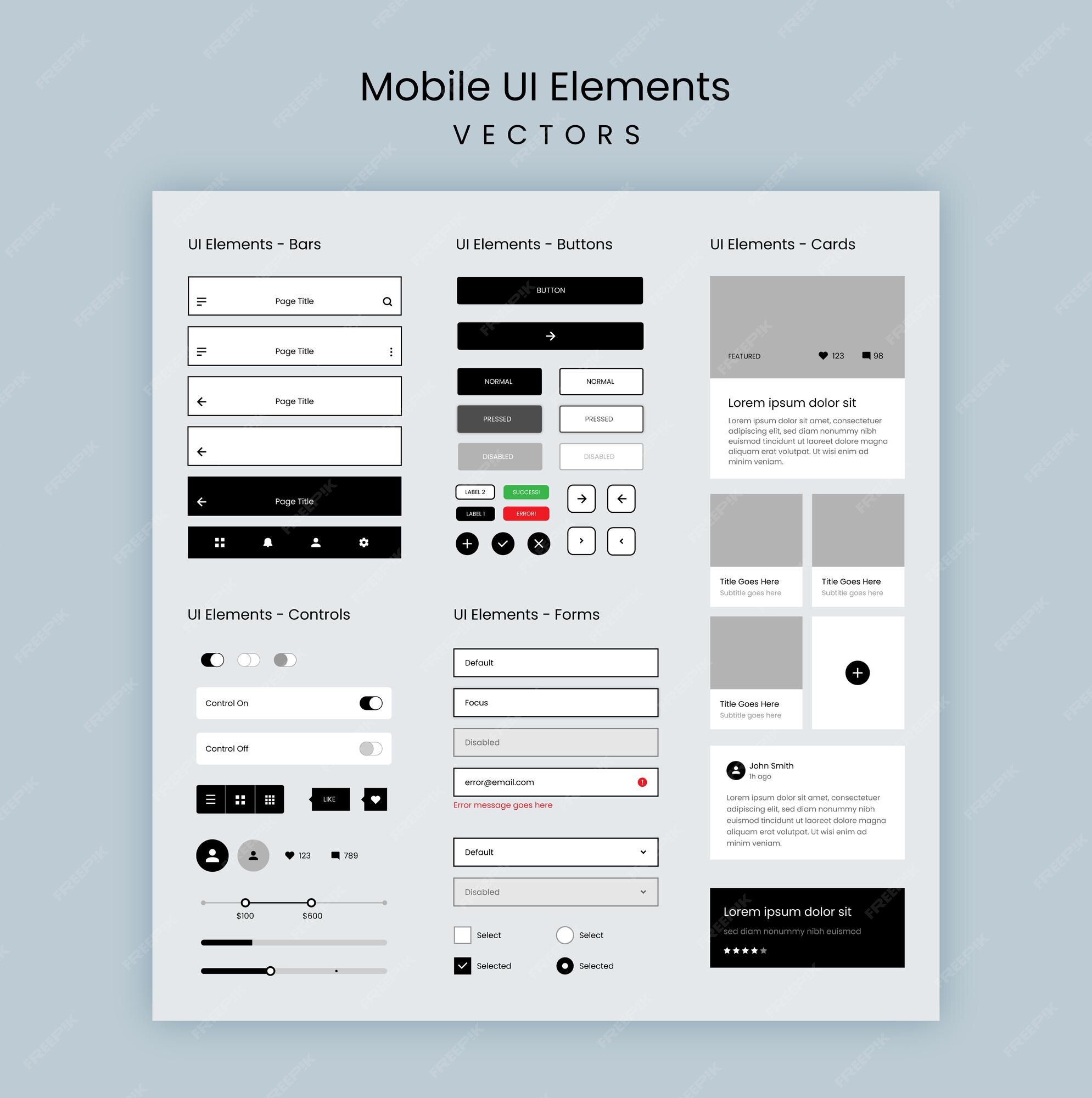 웹 디자인 Ui 요소 웹 및 애플리케이션을 위한 Ui Ux 디자인 요소입니다 평면 디자인 양식 프리미엄 벡터