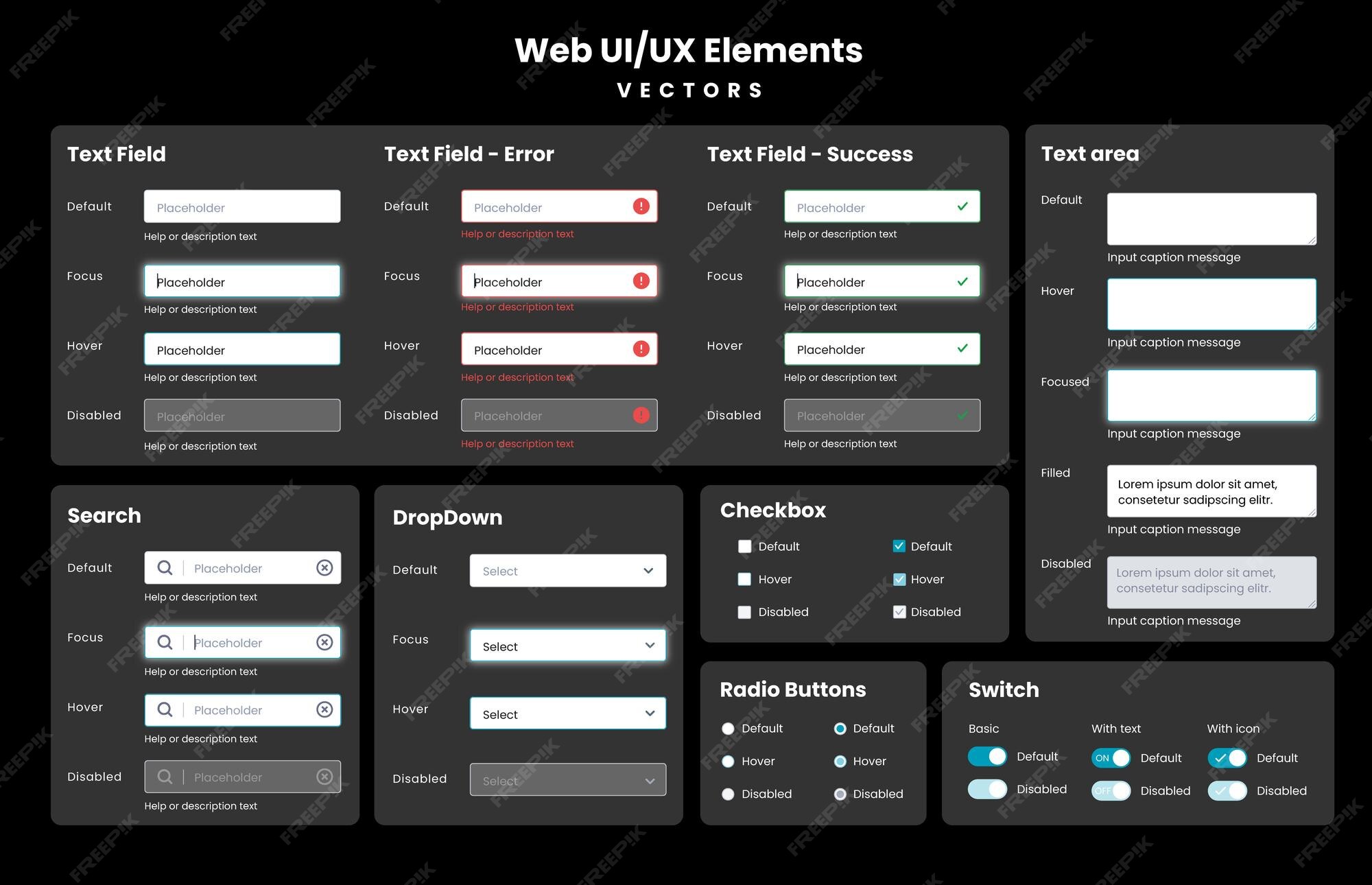 웹 디자인 Ui 요소 웹 및 애플리케이션을 위한 Ui Ux 디자인 요소입니다 평면 디자인 양식 프리미엄 벡터