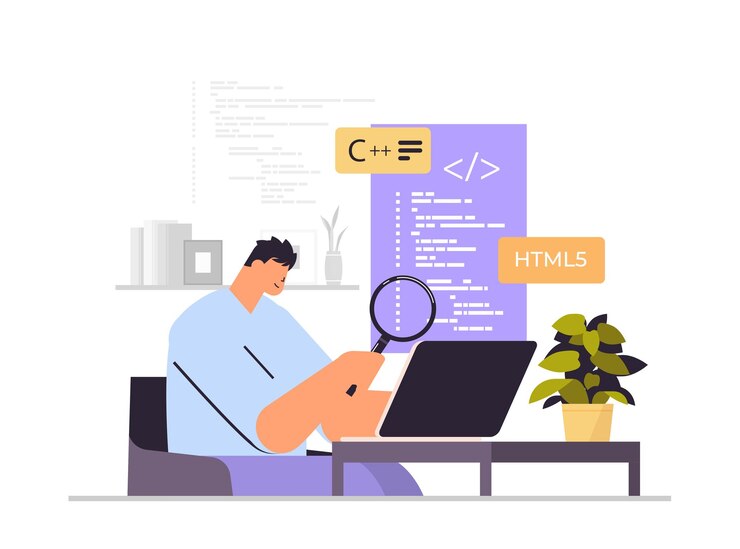 Premium Vector | Web developer creating program code on laptop screen development of software ...