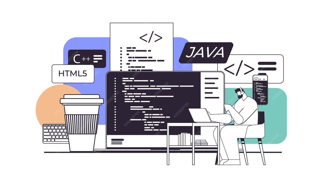 Premium Vector | Web developer creating program code on laptop screen development of software ...