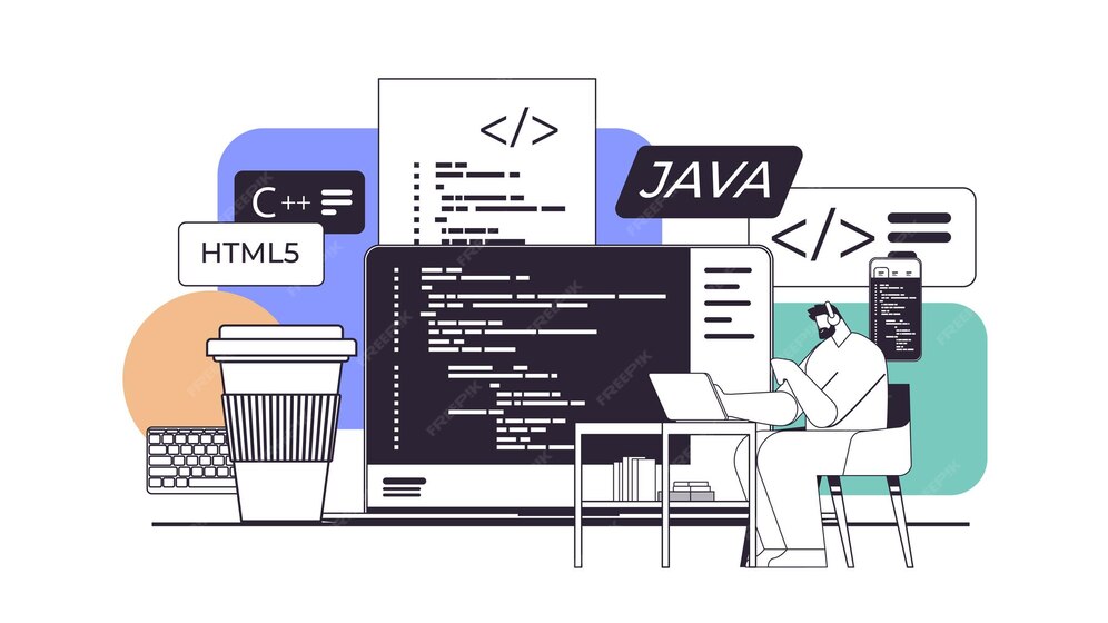 Premium Vector | Web developer creating program code on laptop screen development of software ...