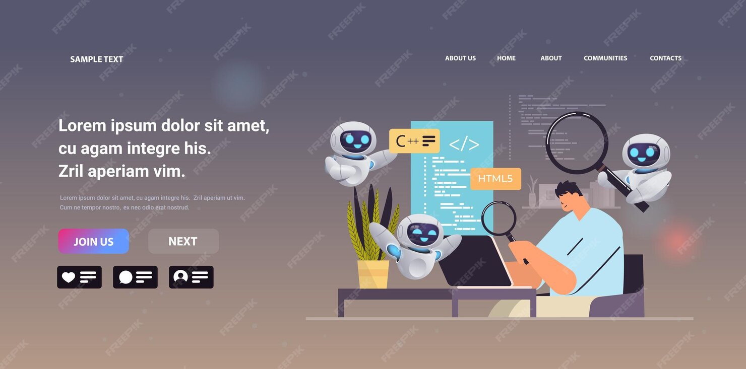 Premium Vector | Web developer with robots creating program code development of software and ...