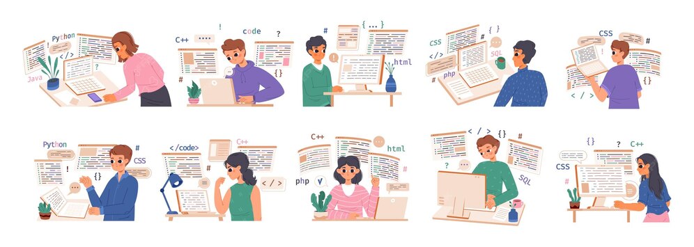 Premium Vector | Web developers and coder build projects programming seo web coding characters ...