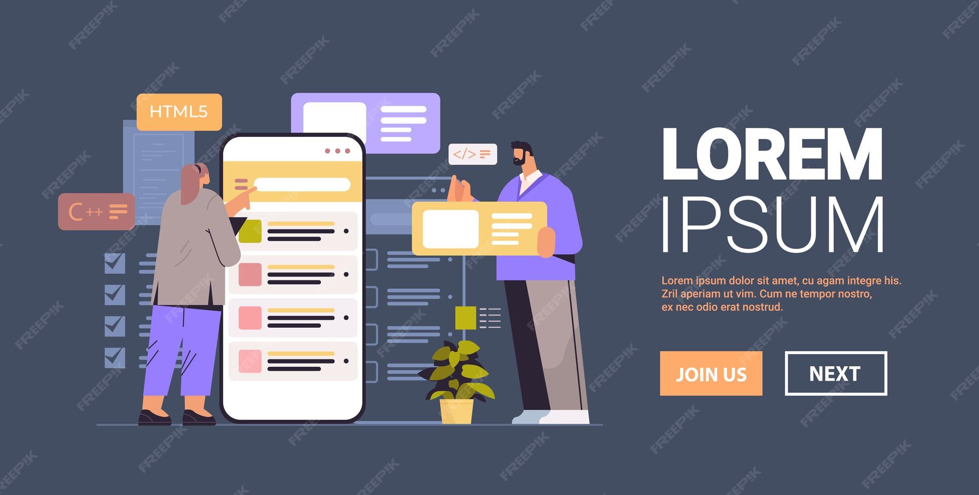 Premium Vector | Web developers couple creating program code on smartphone screen development of ...