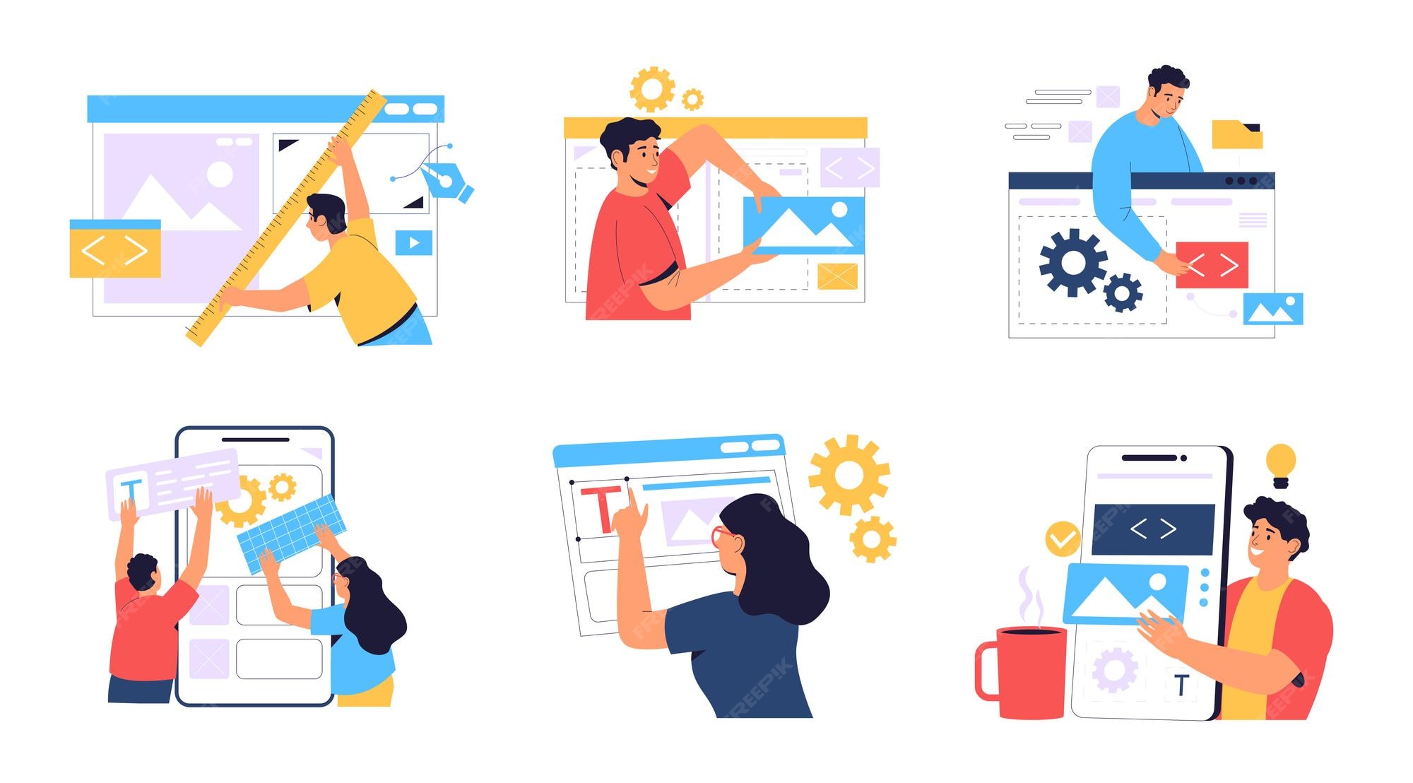 프로젝트의 웹 개발 개념 Ux 디자인 앱의 웹 프로젝트 개발 개념 그림 Ui 인터페이스 디자인의 벡터 프리미엄 벡터