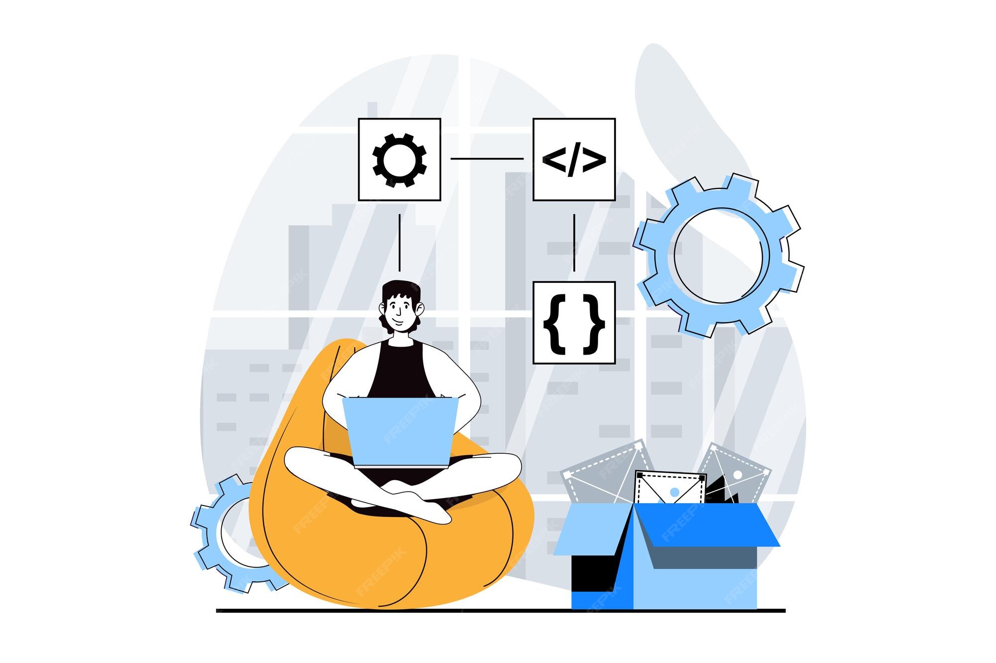 Premium Vector | Web development concept with people scene in flat design man creating algorithm ...