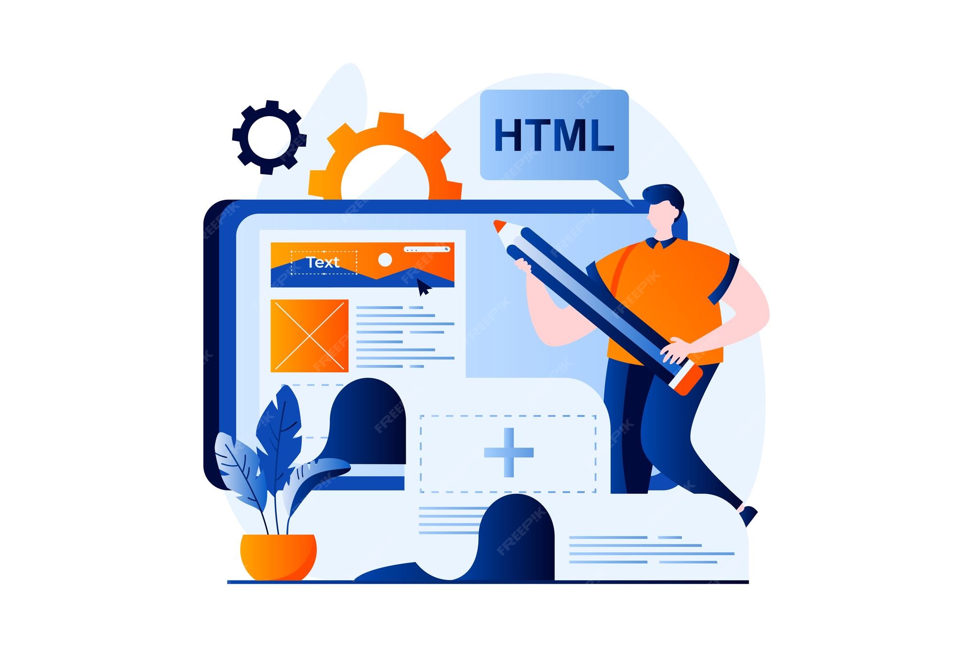 플랫 만화 디자인의 사람 장면이 포함된 웹 개발 개념 Man은 Html로 프로그래밍하고 웹 사이트를 만들고 최적화하고 웹에 대한