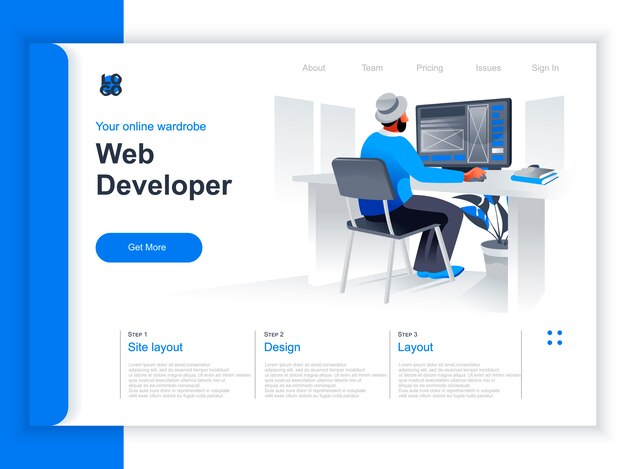 Premium Vector | Software development isometric landing page. programmer working with computer ...