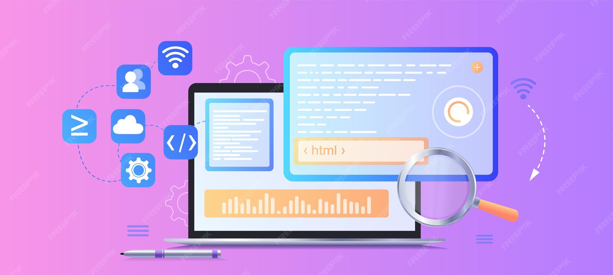 Premium Vector | Web development programmer engineering and coding website on augmented reality ...
