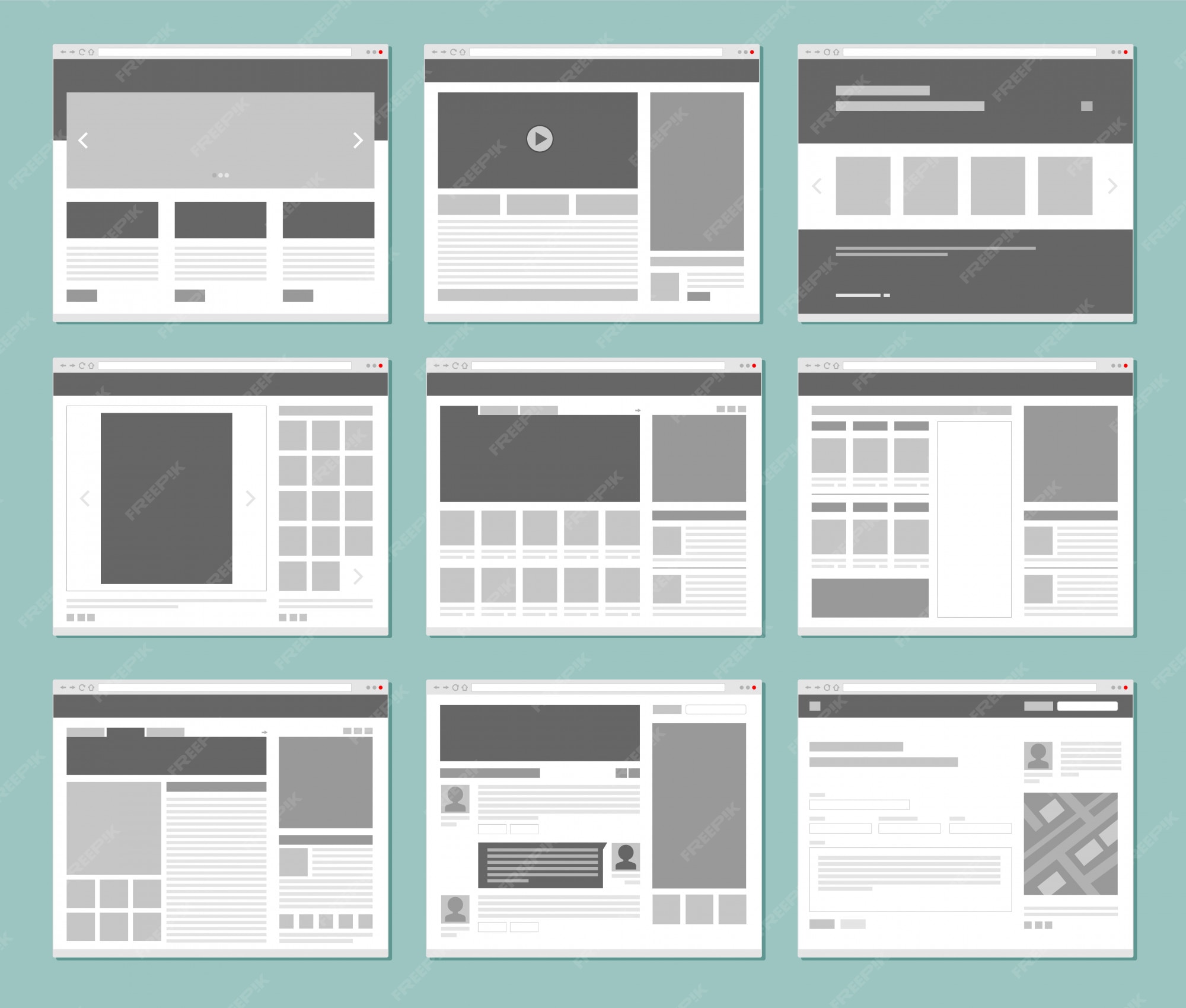 Premium Vector | Web pages layout. Internet browser windows with website elements interface ui ...