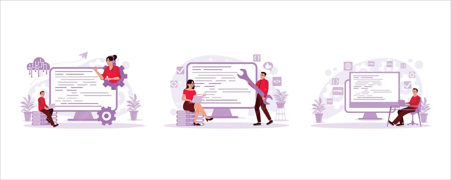 Premium Vector | Website coding programmer at work man breaking programming code software ...