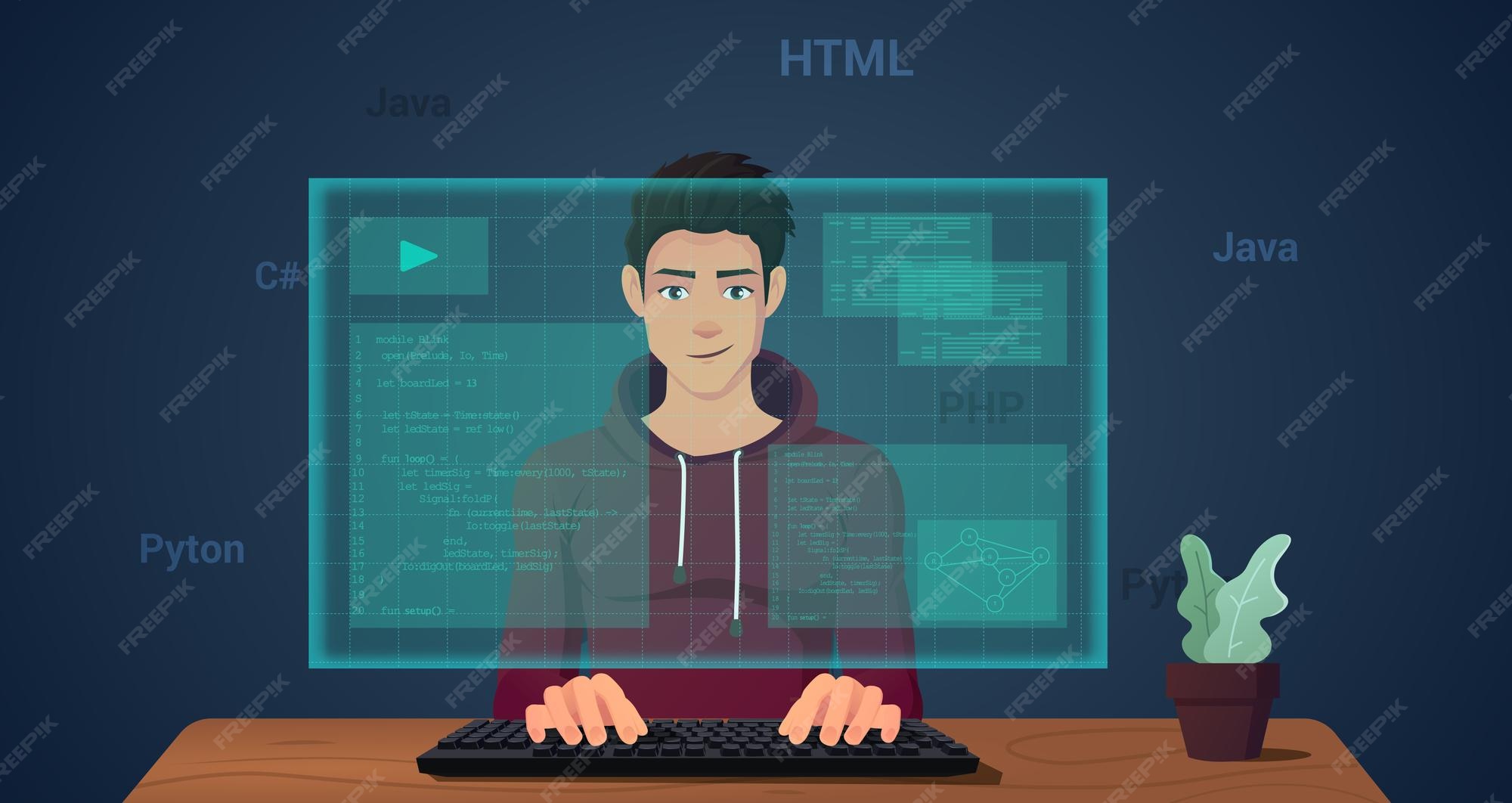 Premium Vector Wed Developer And Programmer Coding On Augmented Reality Screen Premium Vector