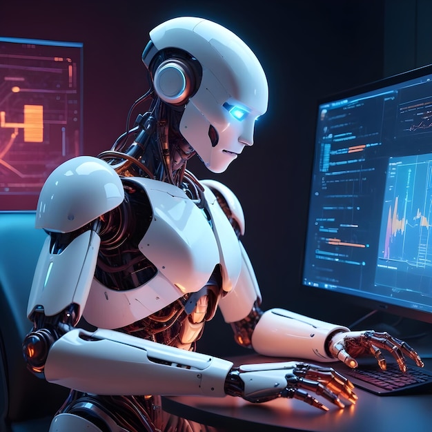 Белый робот с голубыми глазами сидит за столом компьютера и печатает на ...