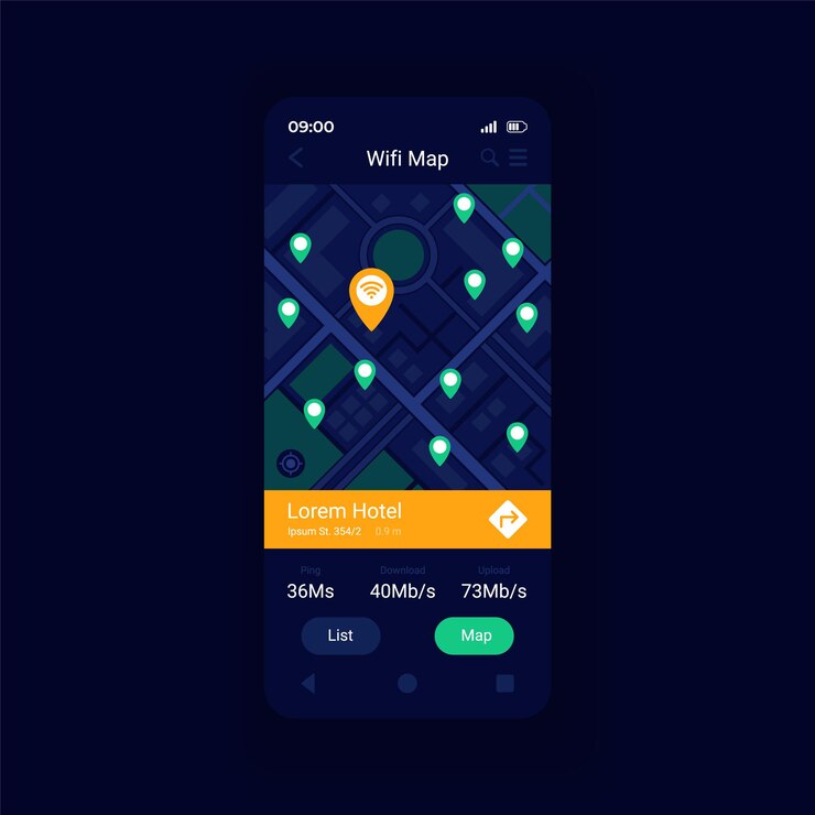 Wifi 핫스팟 위치 지도 앱 스마트폰 인터페이스 벡터 템플릿입니다 모바일 앱 페이지 디자인 레이아웃입니다 Wi Fi 액세스