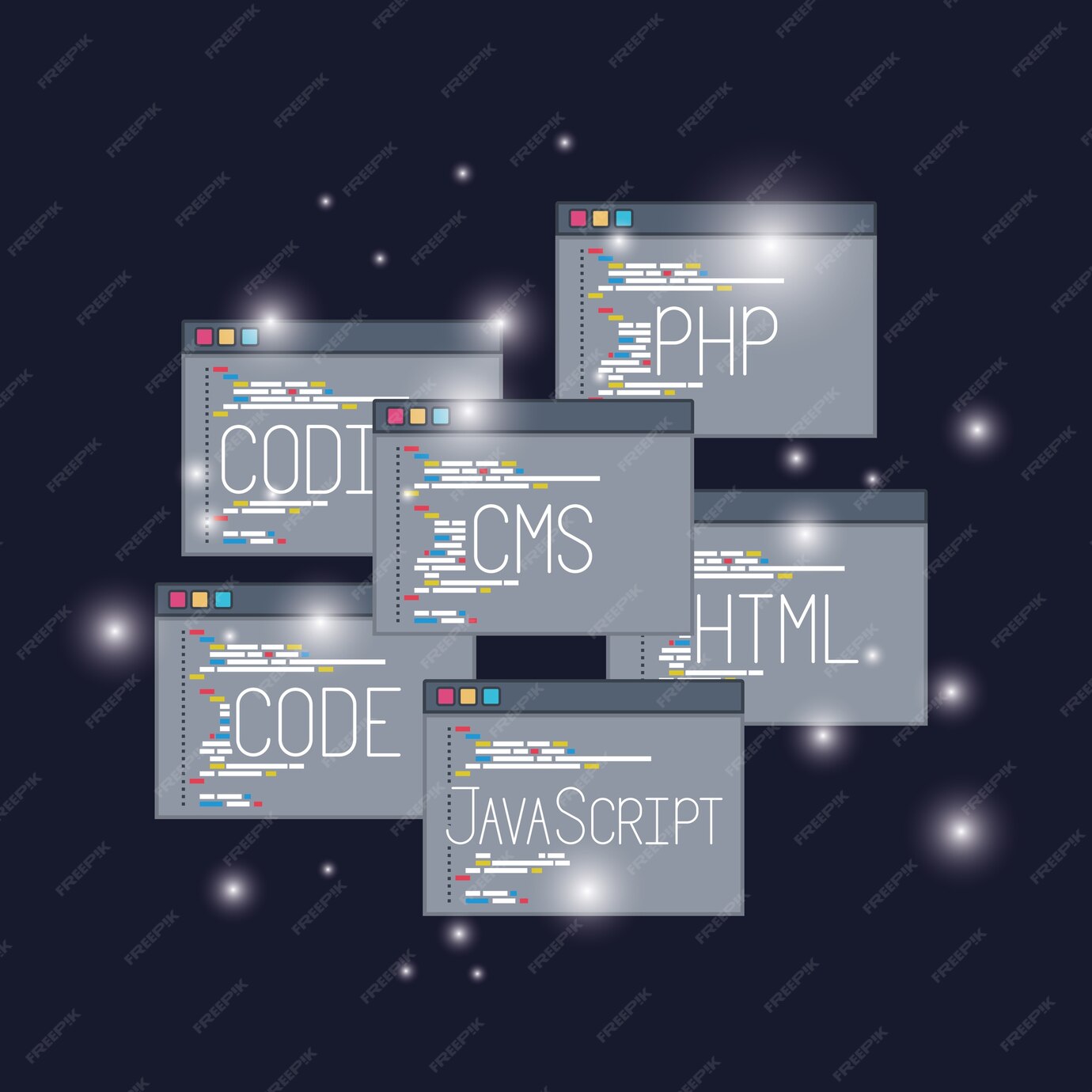 Premium Vector | Windows with web programming language codes