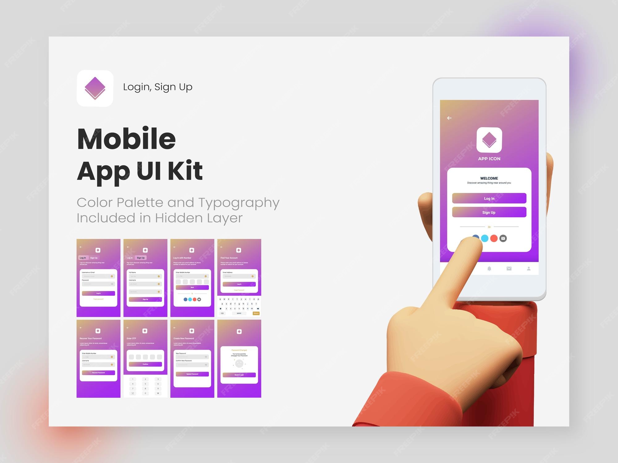 계정 로그인을 포함하여 다른 로그인 화면이 있는 와이어프레임 Ui Ux 및 Gui 레이아웃 모바일 앱 또는 응답 웹 사이트에 대한 잠금 화면 등록 프리미엄 벡터