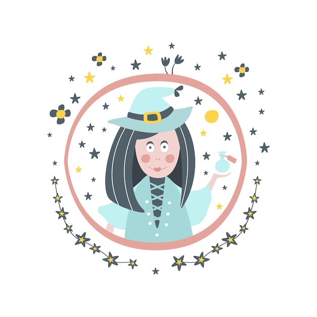 Premium Vector Witch Fairy Tale Character Girly Sticker In Round Frame