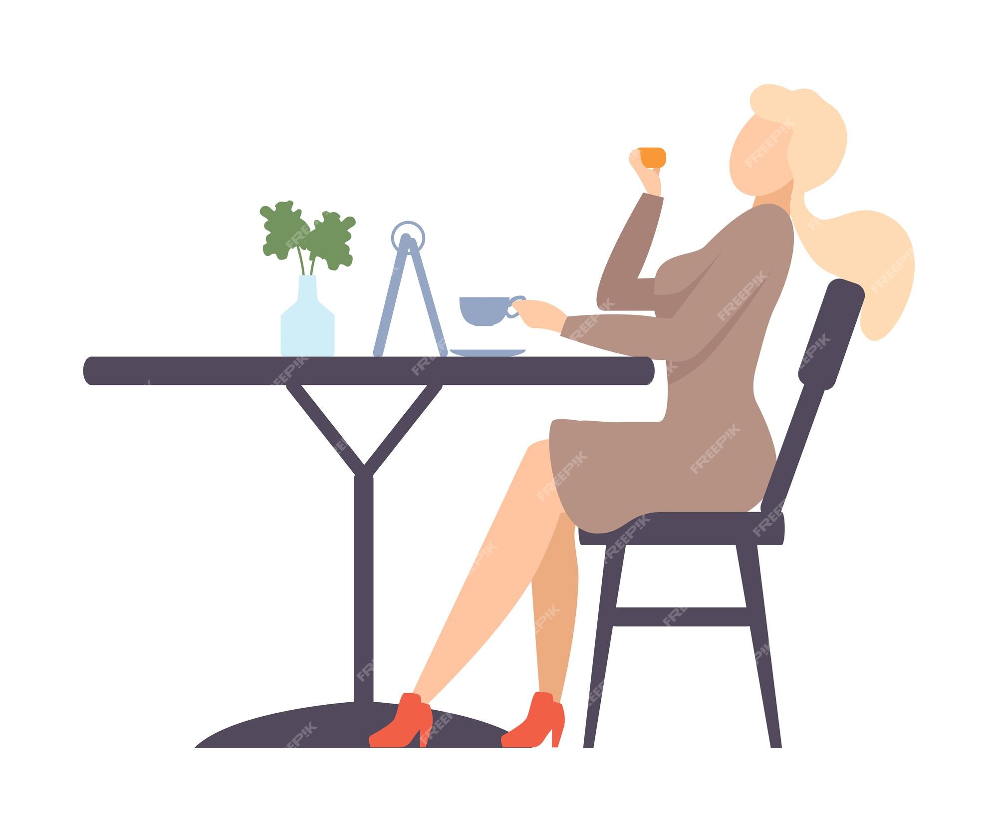 Premium Vector Woman In A Beige Dress Is Drinking Coffee Vector