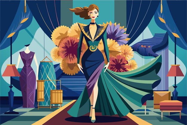 Premium Vector A Woman In A Dress And Fan In A Room An Elegant Lady In A Flowing Gown Holding