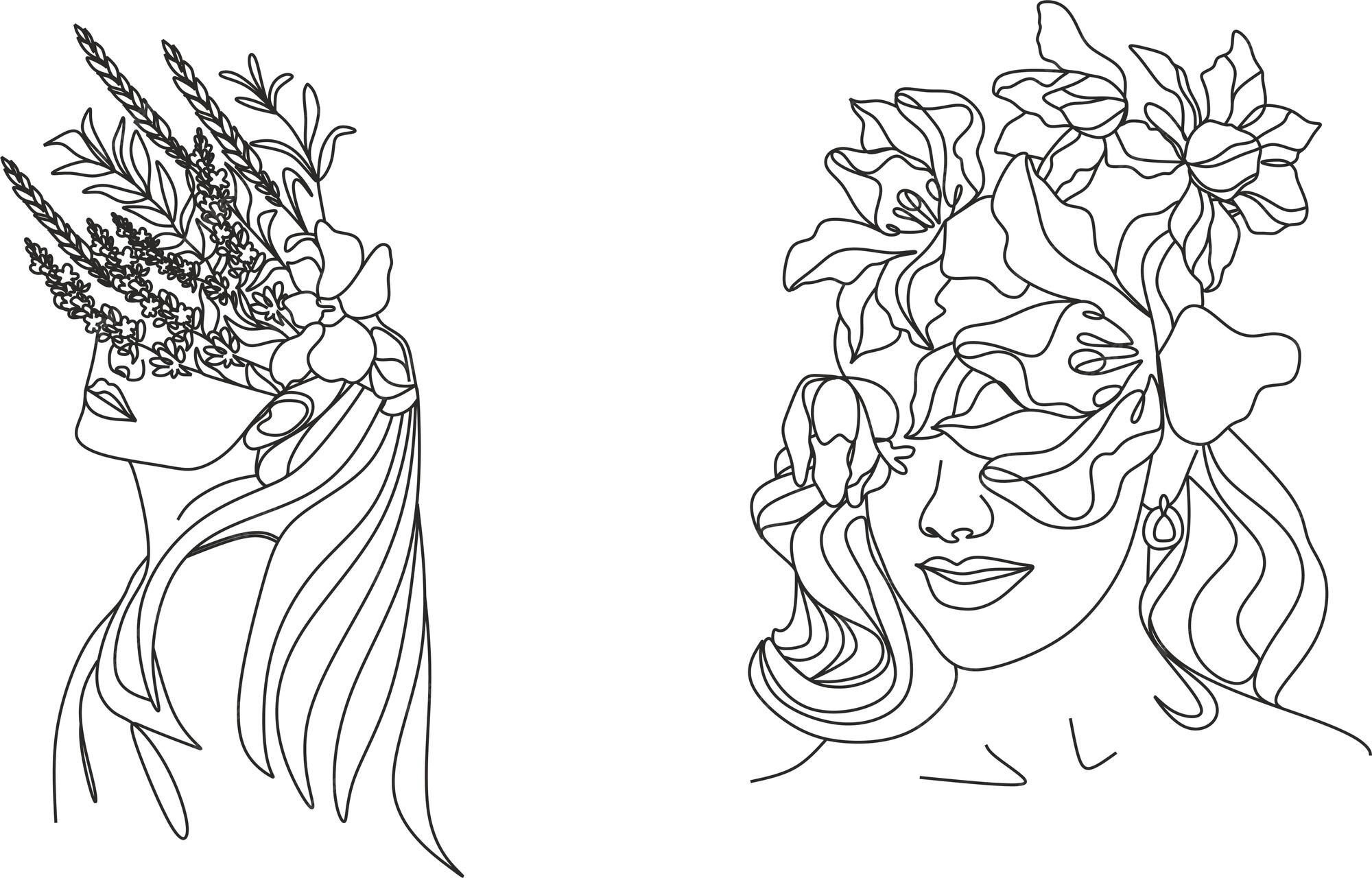 Premium Vector Woman Face With Flowers Line Art Elegant Feminine