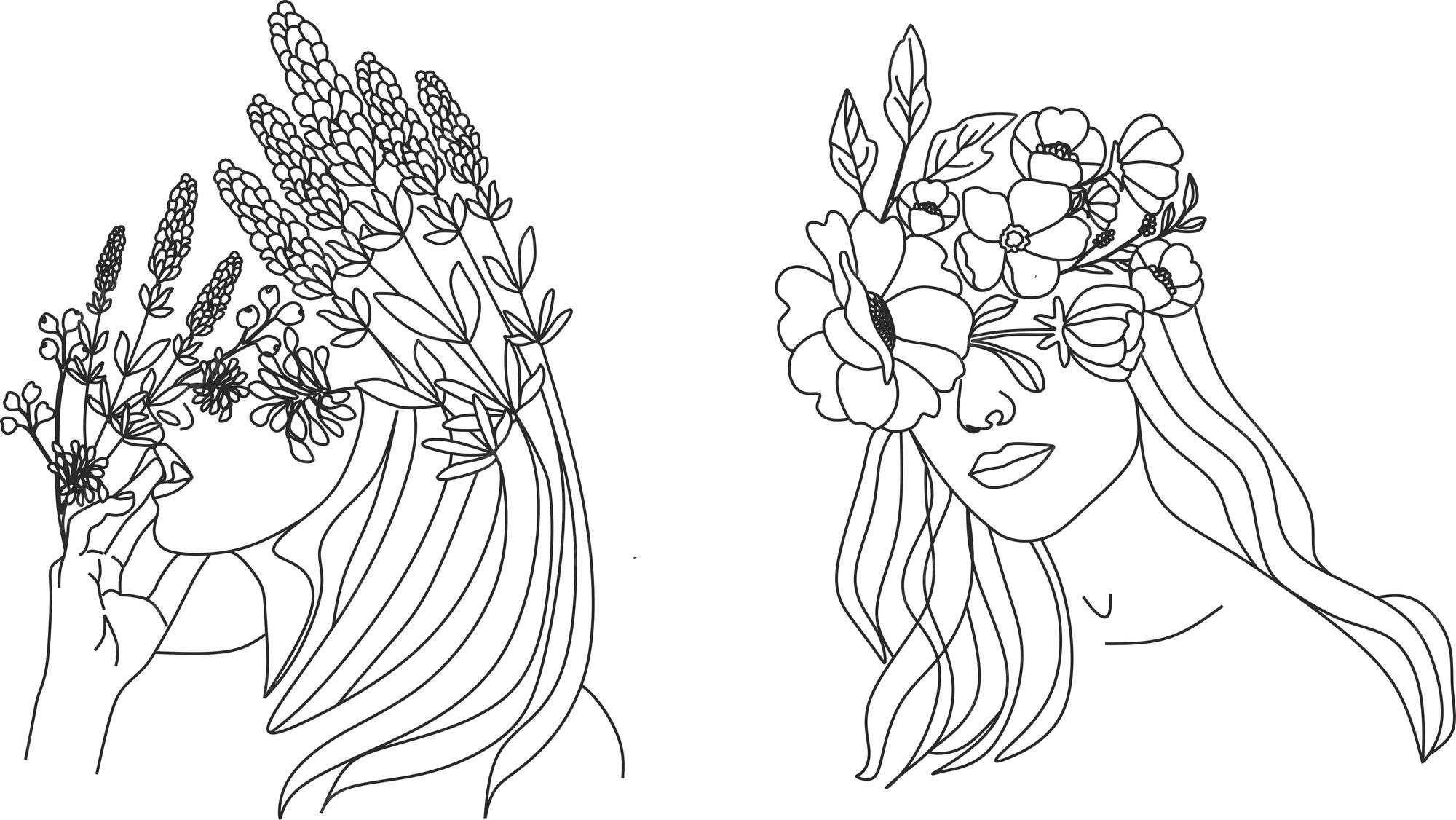 Premium Vector Woman Face With Flowers Line Art Elegant Feminine