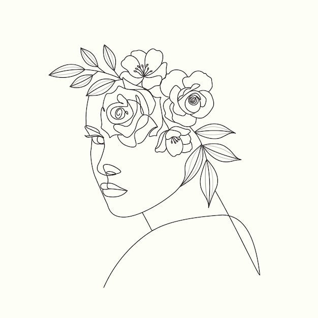 Premium Vector Woman Head With Flowers Elegant Line Art Drawing