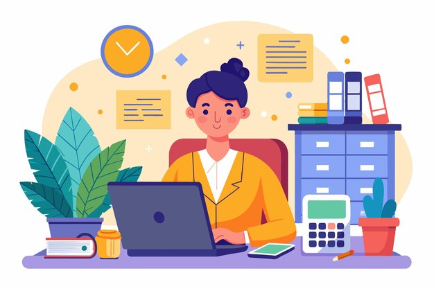 A woman sitting at a desk typing on a laptop accountant woman using ... A woman sitting at a desk typing on a laptop accountant woman using ...