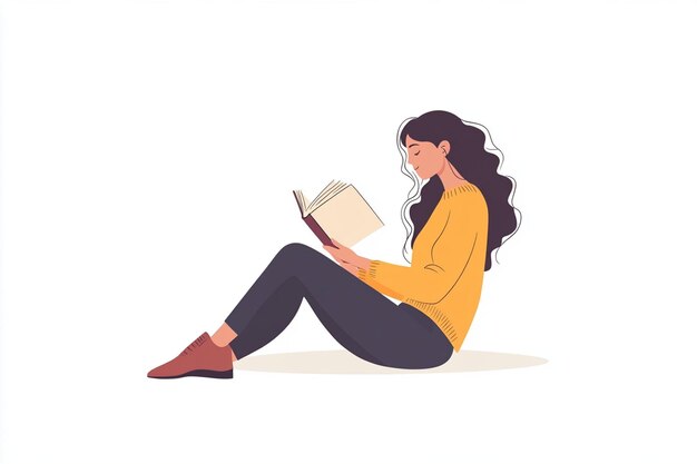 Woman Sitting On Floor Reading Book Premium Ai Generated Vector