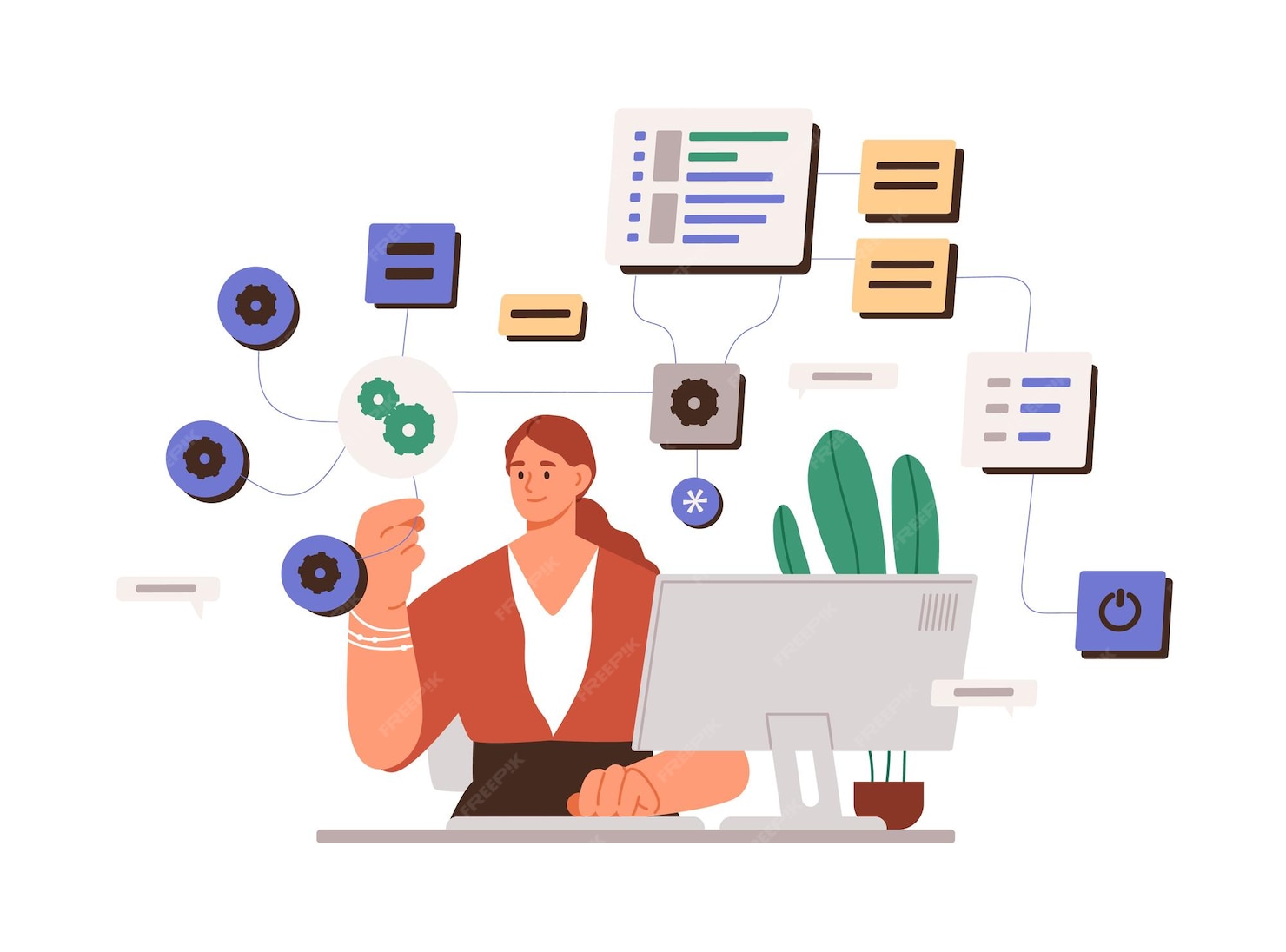 Premium Vector | Woman working with big data and tech information on laptop. System ...