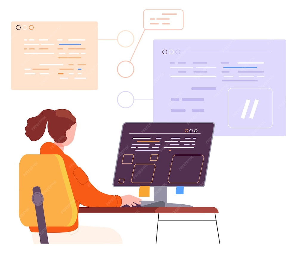 Premium Vector | Woman working with code language algorithm coder character