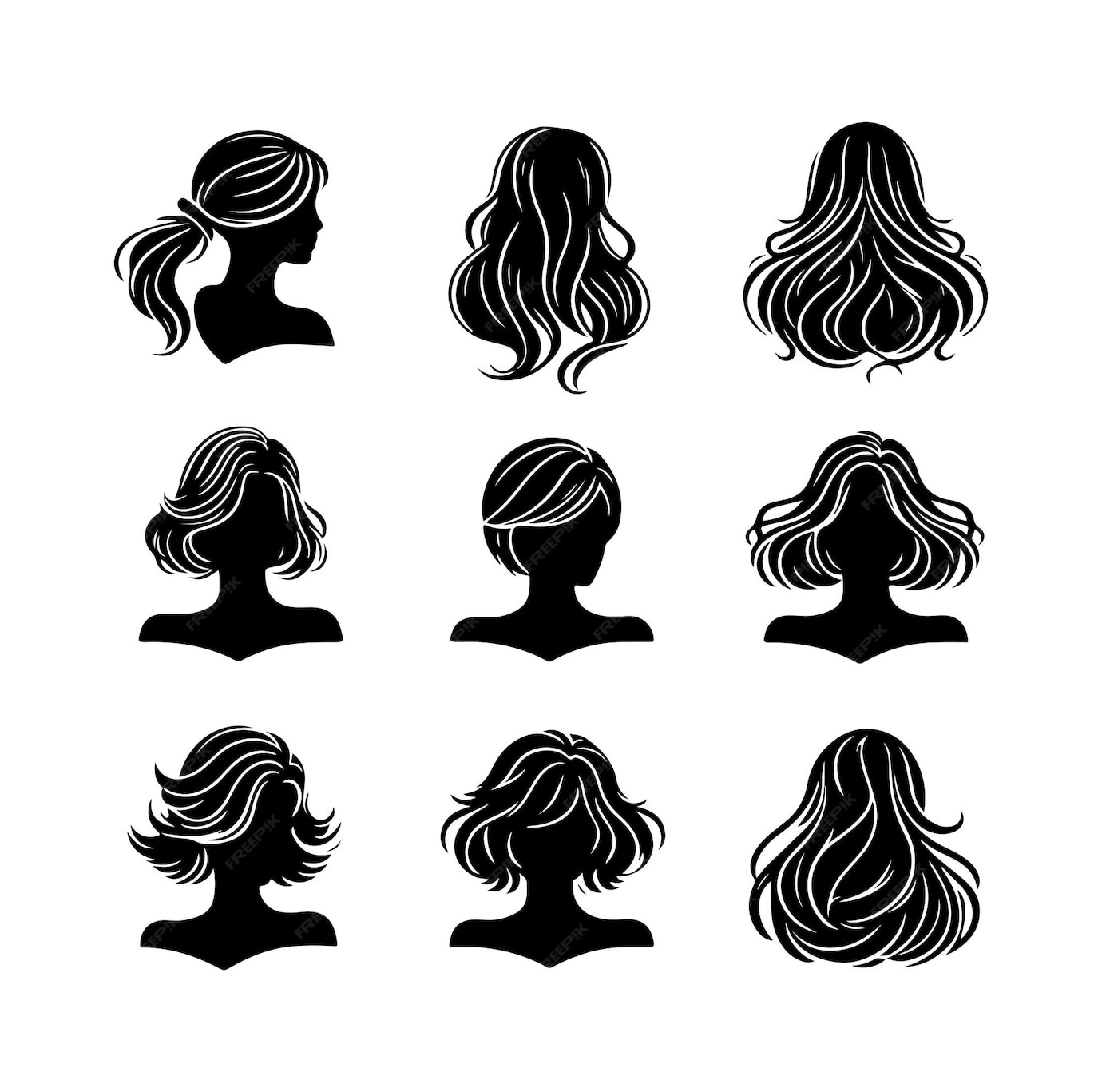 Premium Vector Women Wigs Hairstyle Back Icons Set Silhouette Vector