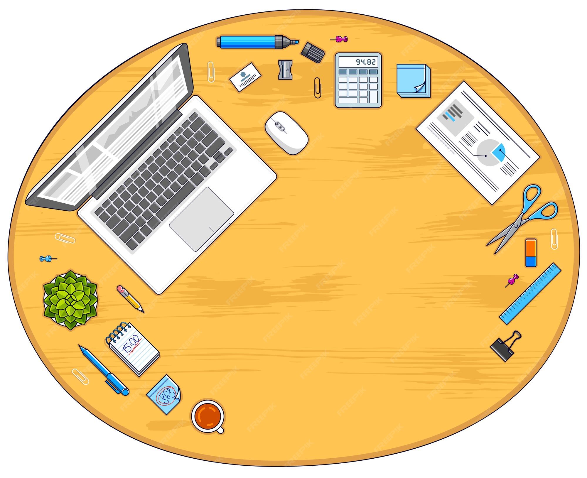 Pc 노트북 및 텍스트 복사 공간 작업을 위한 다양한 편지지 개체가 있는 목제 사무실 책상 작업 공간 상단 보기 모든 요소는 개별적으로 사용하거나 일러스트레이션을