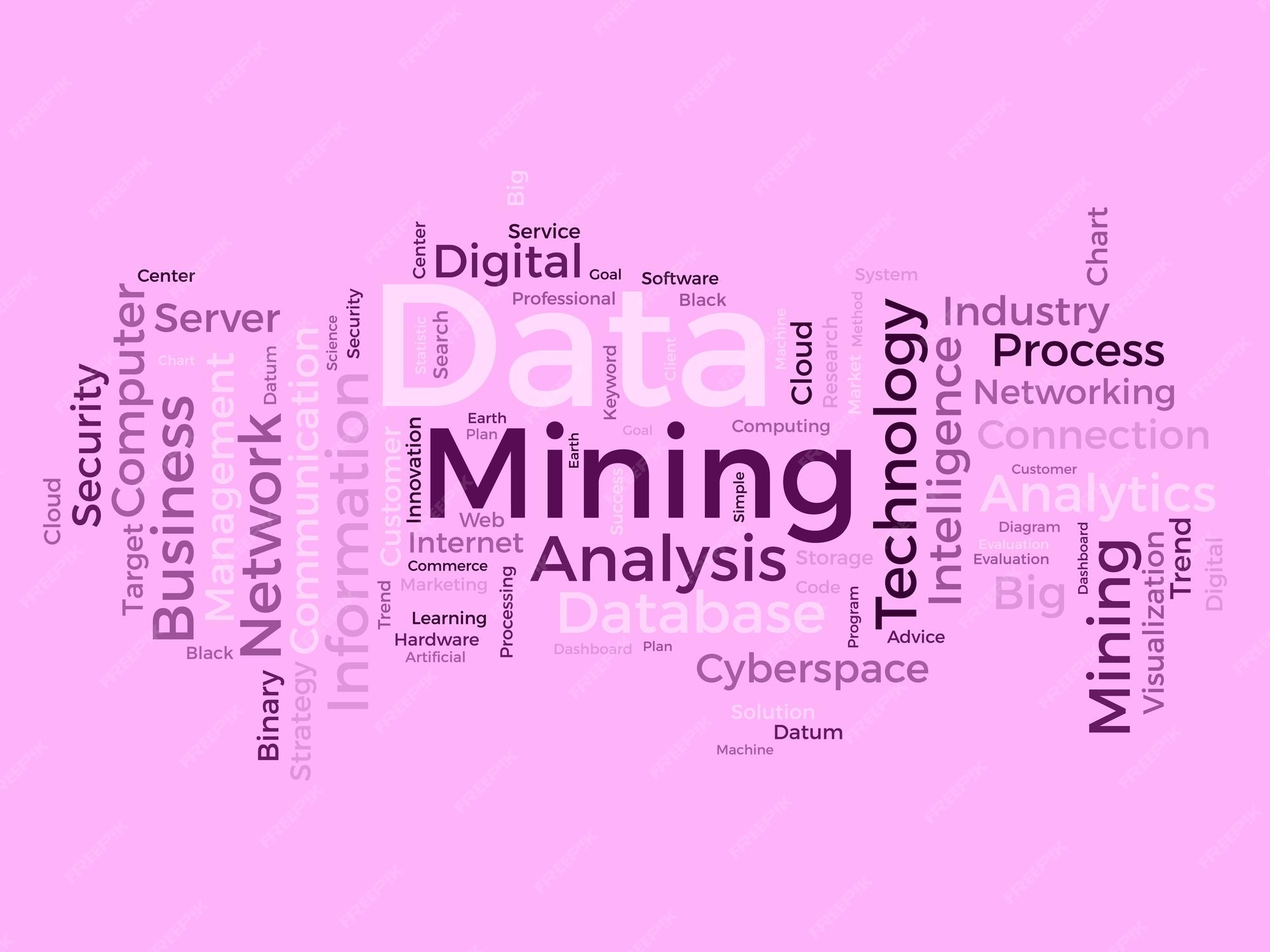 웹 소프트웨어 관리 벡터 일러스트 레이 션에 대 한 데이터 마이닝 인터넷 기술 데이터베이스 마이닝에 대 한 단어 구름 배경 개념 프리미엄 벡터