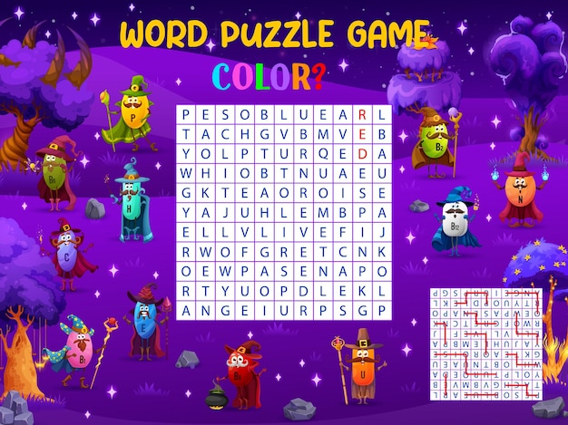 Premium Vector | Word search puzzle game cartoon vitamin wizards Premium Vector | Word search puzzle game cartoon vitamin wizards
