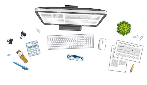 Pc 컴퓨터가 있는 업무용 책상 작업 공간 상단 보기와 격리된 테이블에 있는 다양한 문구류 개체가 위를 봅니다 모든 요소는
