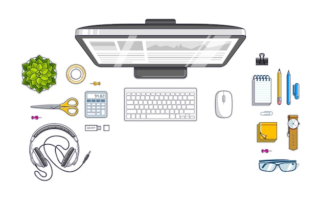 Pc 컴퓨터가 있는 업무용 책상 작업 공간 상단 보기와 격리된 테이블에 있는 다양한 문구류 개체가 위를 봅니다 모든 요소는
