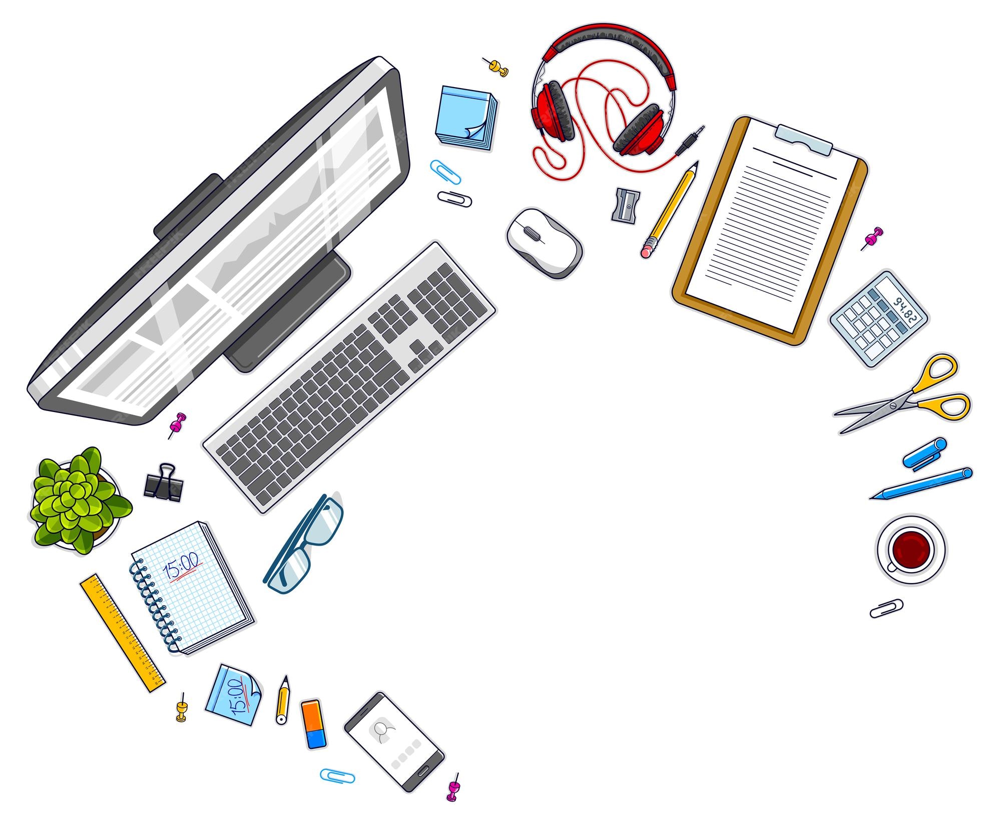 Pc 컴퓨터가 있는 업무용 책상 작업 공간 상단 보기 및 텍스트 복사 공간이 있는 테이블에 있는 다양한 문구류 개체 모든 요소는 개별적으로 사용하거나 일러스트레이션을