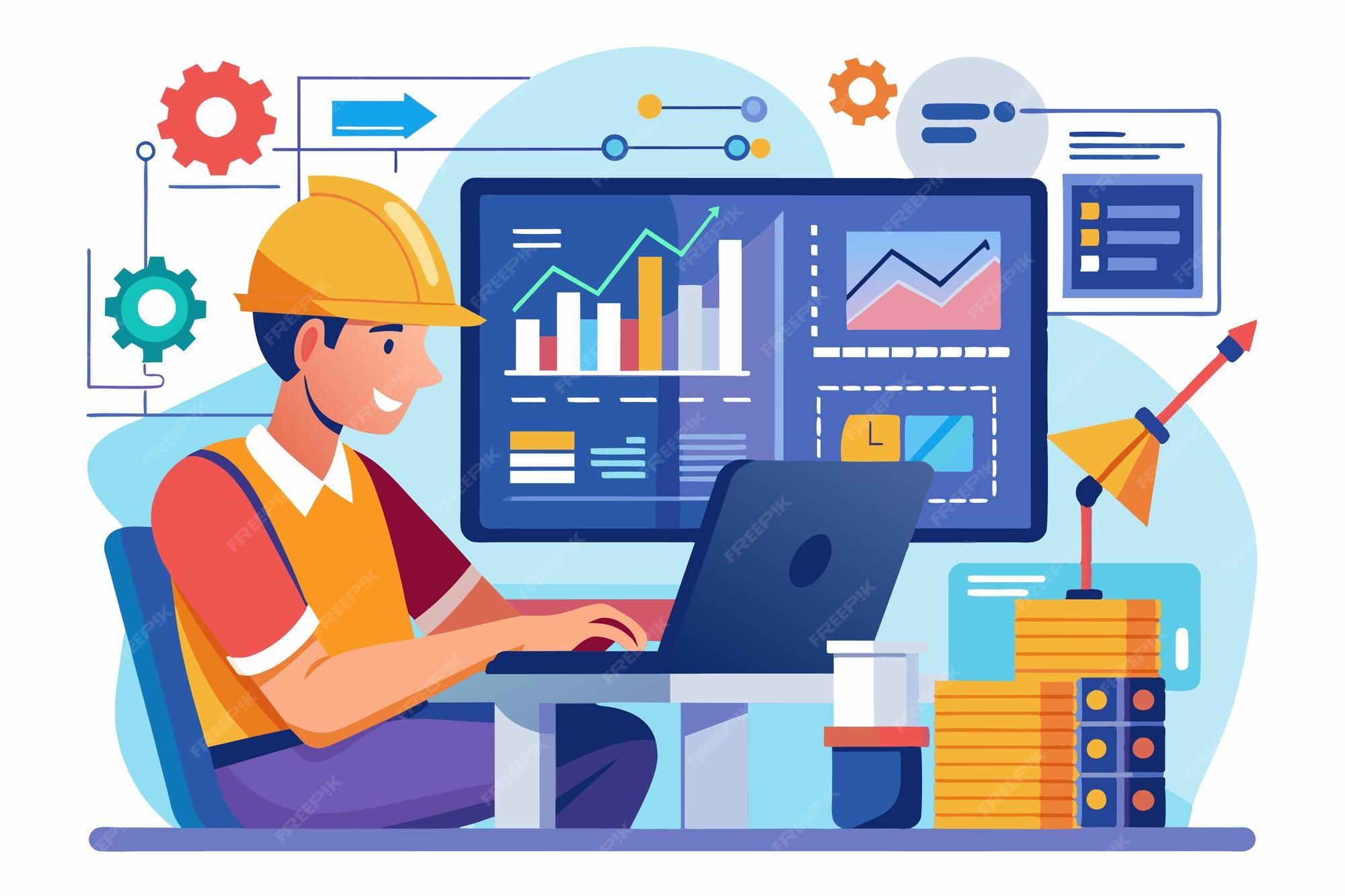 A worker focuses on a digital display showing graphs and data while ...