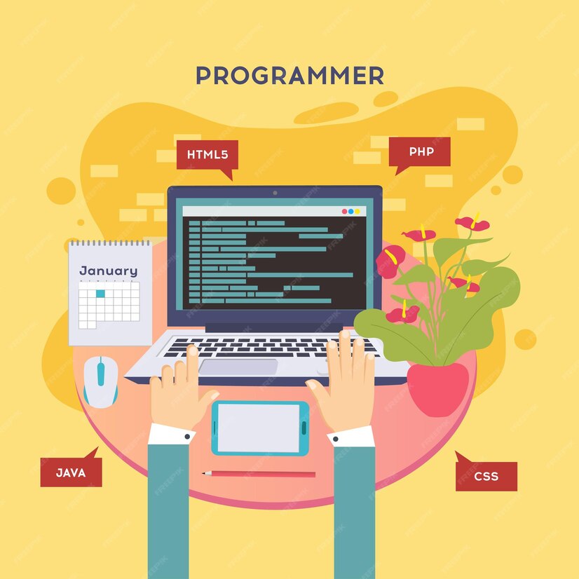 Premium Vector | Workplace of programmer or coder vector illustration programmer coding a new ...