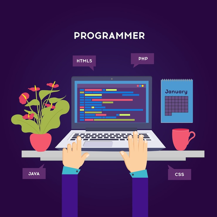 Premium Vector | Workplace of programmer or coder Vector illustration programmer coding a new ...