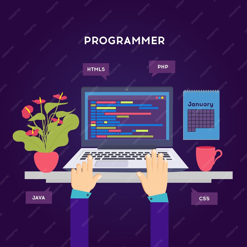 Premium Vector | Workplace of programmer or coder Vector illustration programmer coding a new ...
