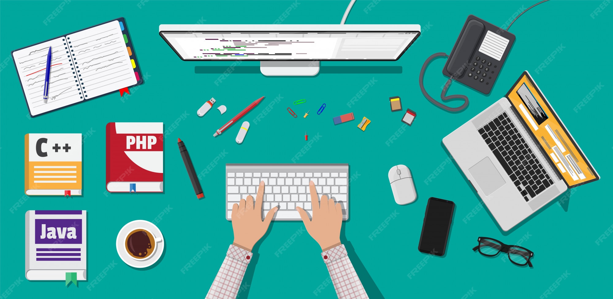 Premium Vector | Workplace of programmer or coder.